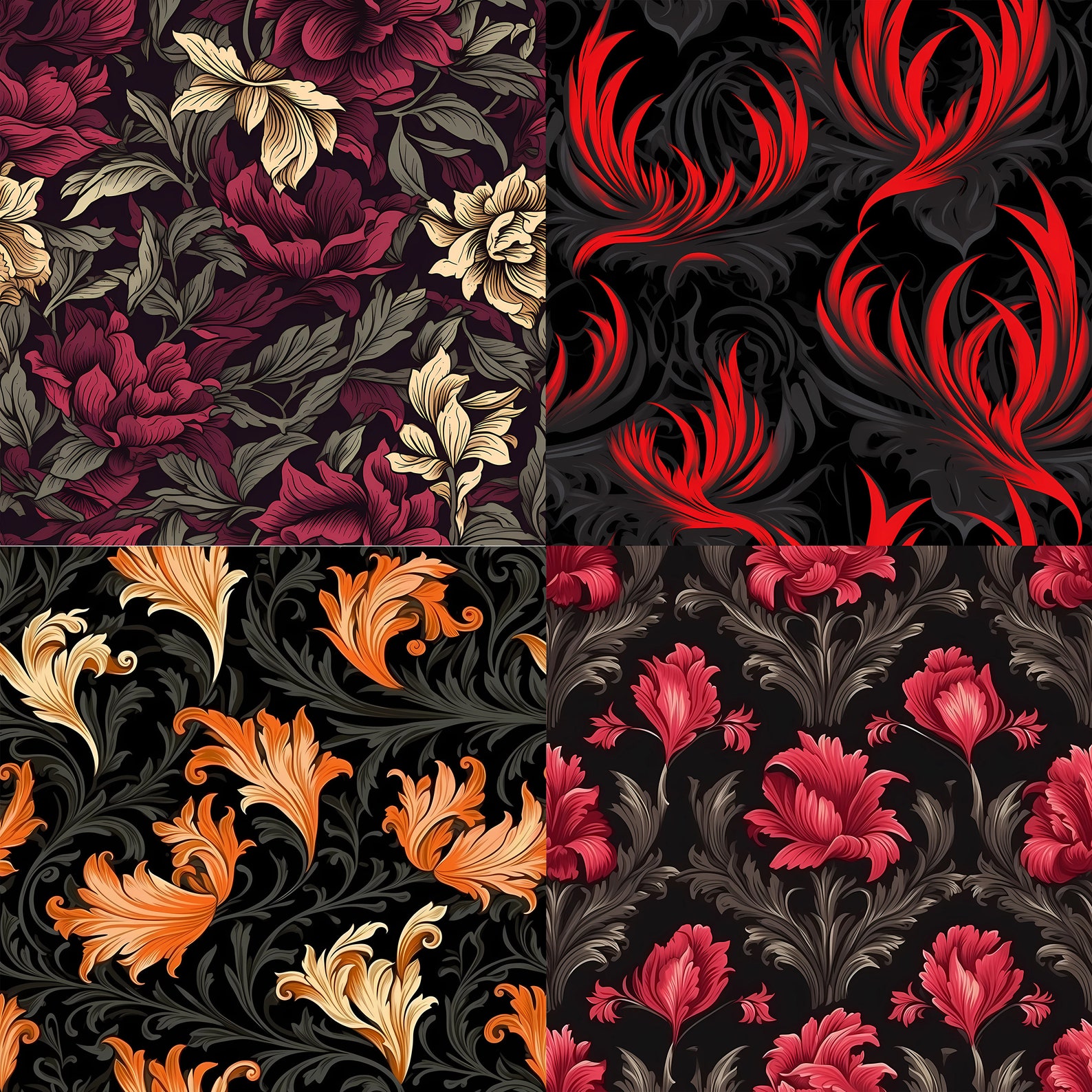 Seamless Gothic Floral Patterns Dark Flower Digital Paper Set Printable ...