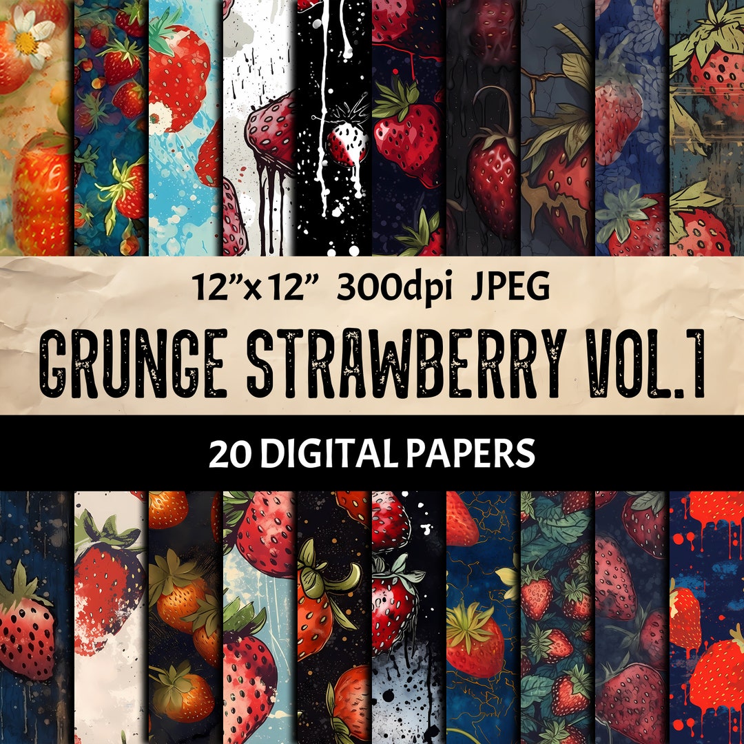 Grunge Strawberry Digital Paper Set - Vintage Seamless Pattern ...