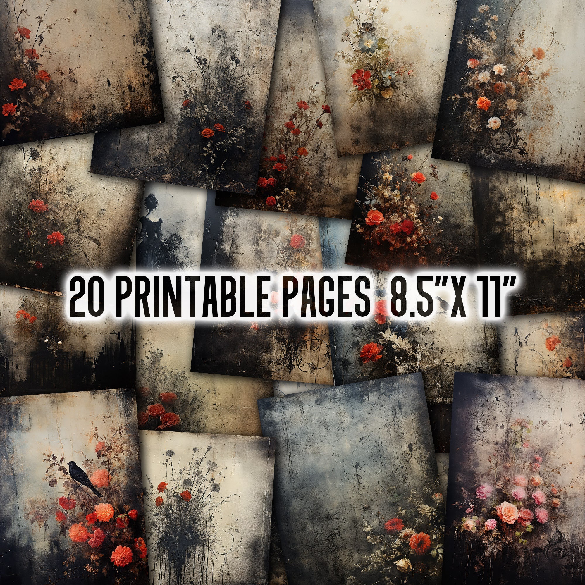 Dark Floral Journal Printable Pages Grunge Digital Paper for Junk ...