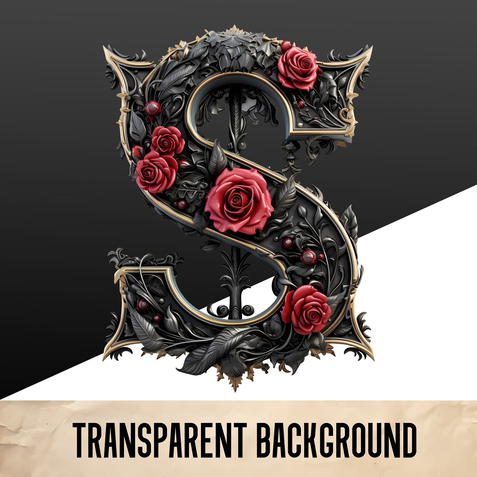 Goth Floral Monogram Initial Letter S Sublimation Scrapbooking Collage ...