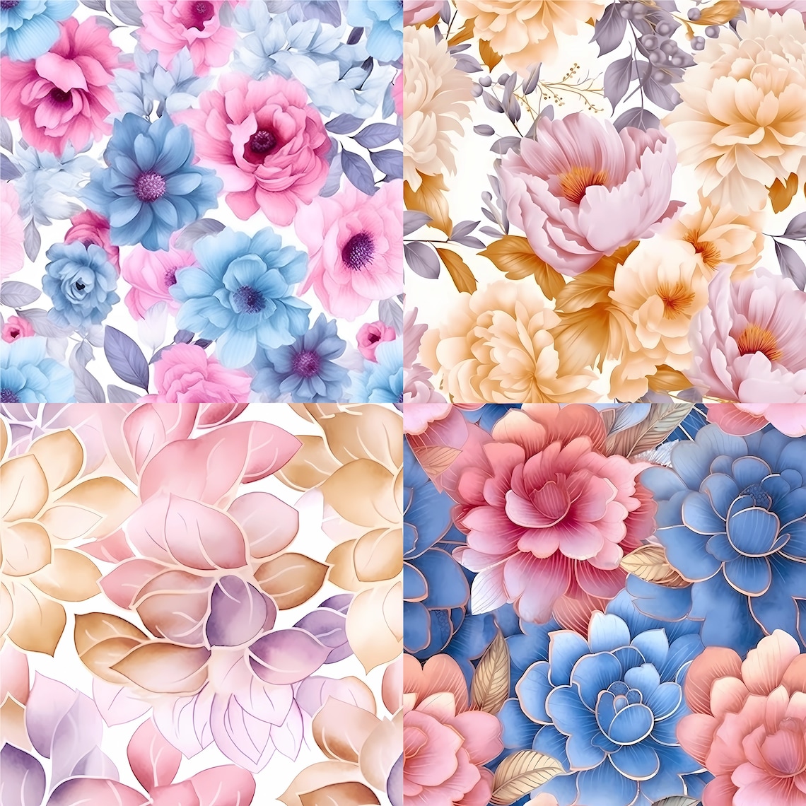 Watercolor Floral Digital Paper Set Seamless Flowers Pattern ...