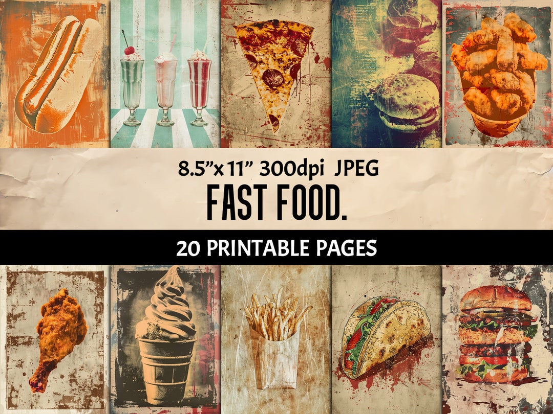 Old Paper Fast Food Posters - Grunge Printable Junk Journal Pages ...