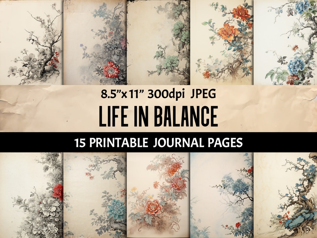 Printable Japanese Journal Page Oriental Vintage Floral Grunge Digital ...