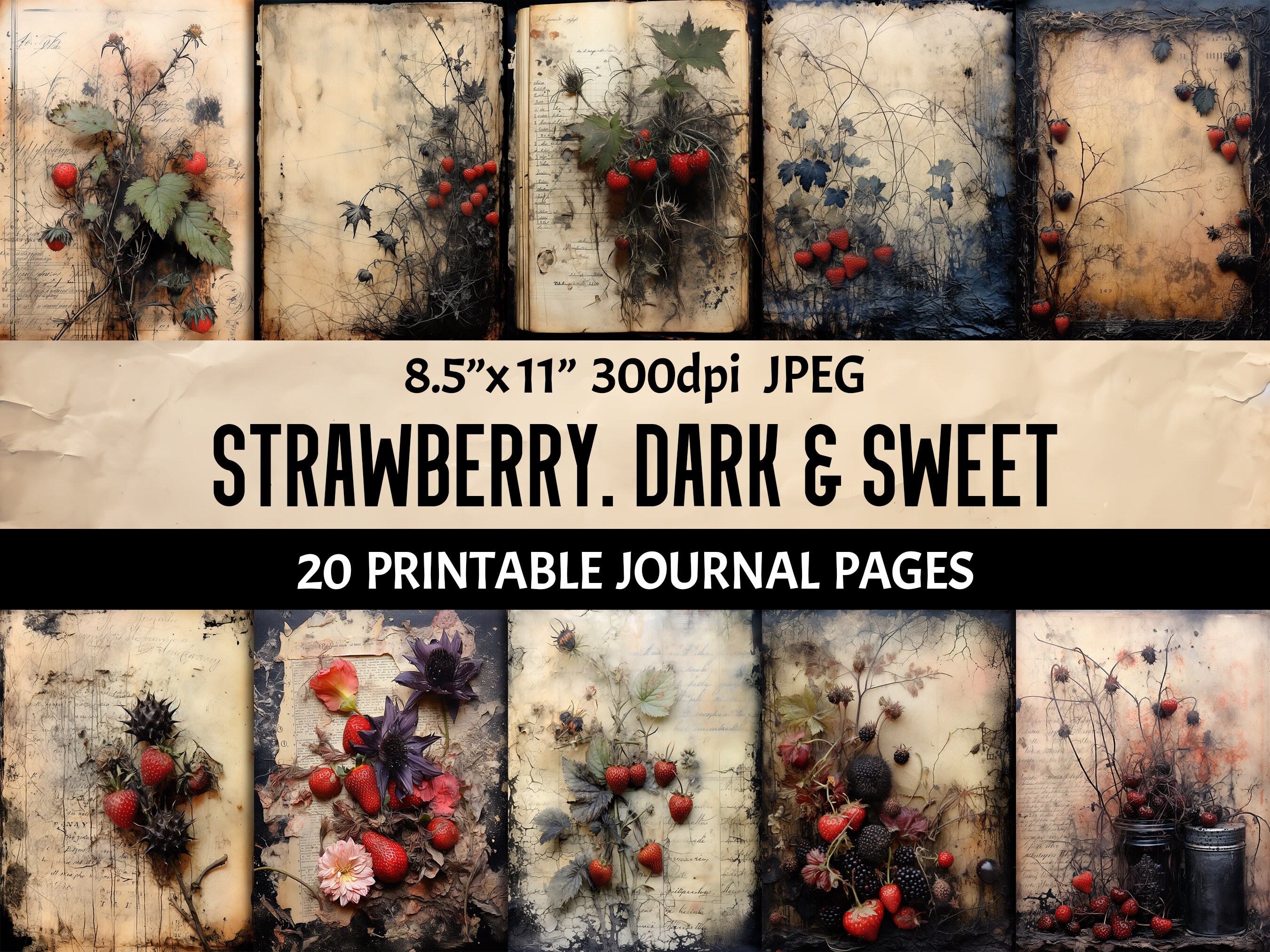 Gothic Strawberry Printable Journal Pages Dark Aesthetic Digital Paper ...