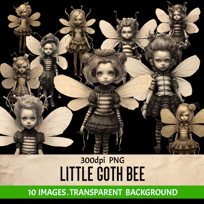 Little Goth Bee PNG 10 Gothic Images in 2 Colors Transparent Background ...