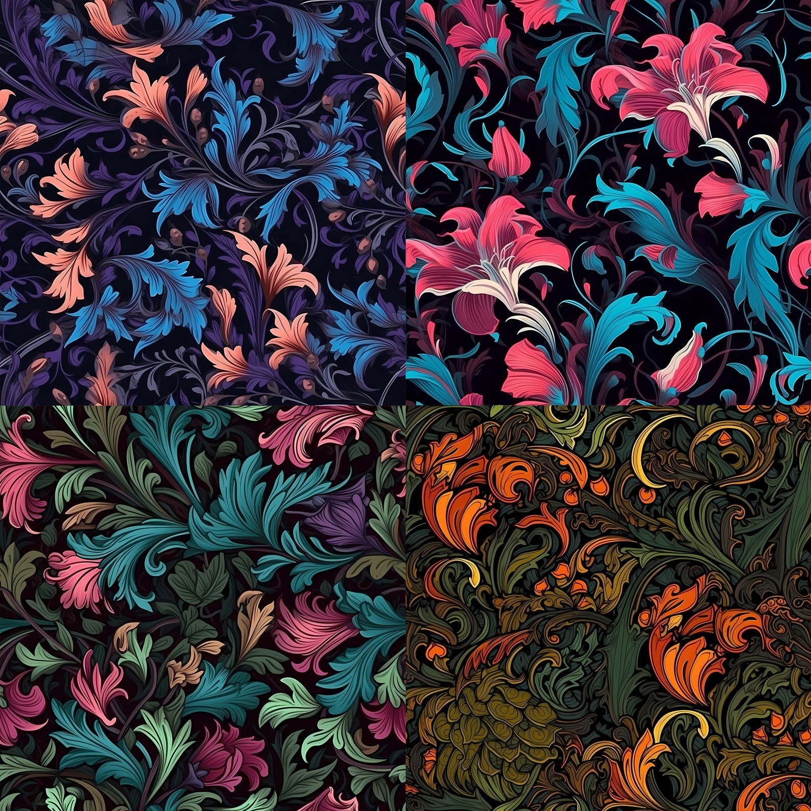 Seamless Gothic Floral Patterns Dark Flower Digital Paper Set Printable ...