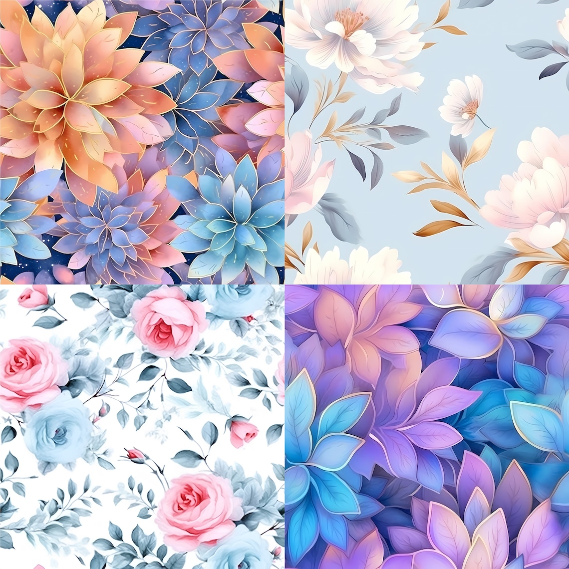 Watercolor Floral Digital Paper Set Seamless Flowers Pattern ...