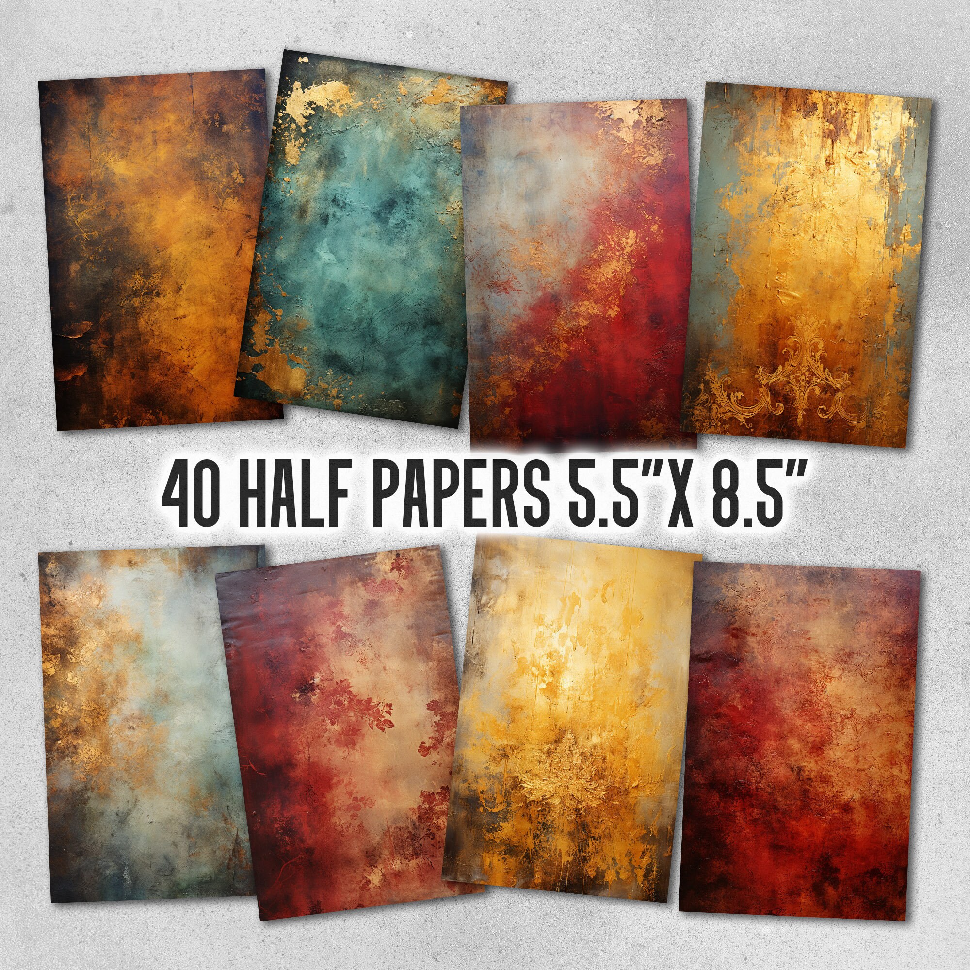 Printable Grunge Digital Paper, Gilded Tattered, Red Green Orange ...