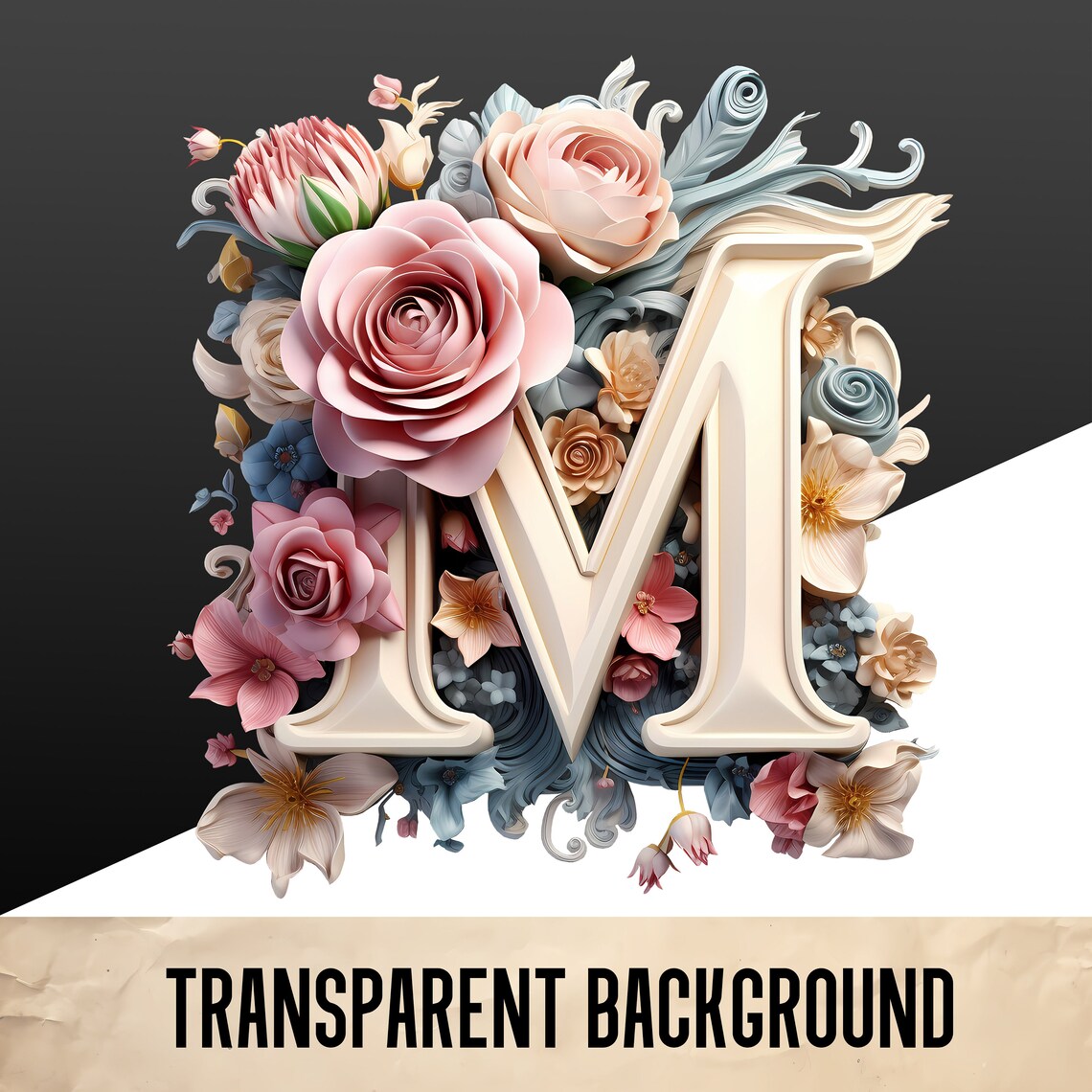 Name Initial Letter M Floral Monogram Sublimation Scrapbooking Collage ...