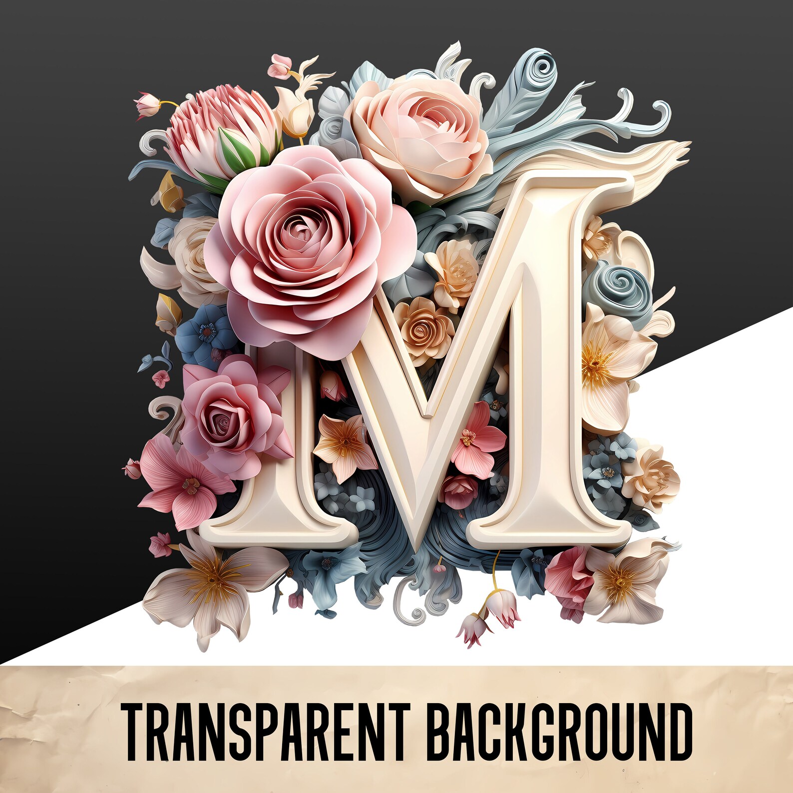 Name Initial Letter M Floral Monogram Sublimation Scrapbooking Collage ...