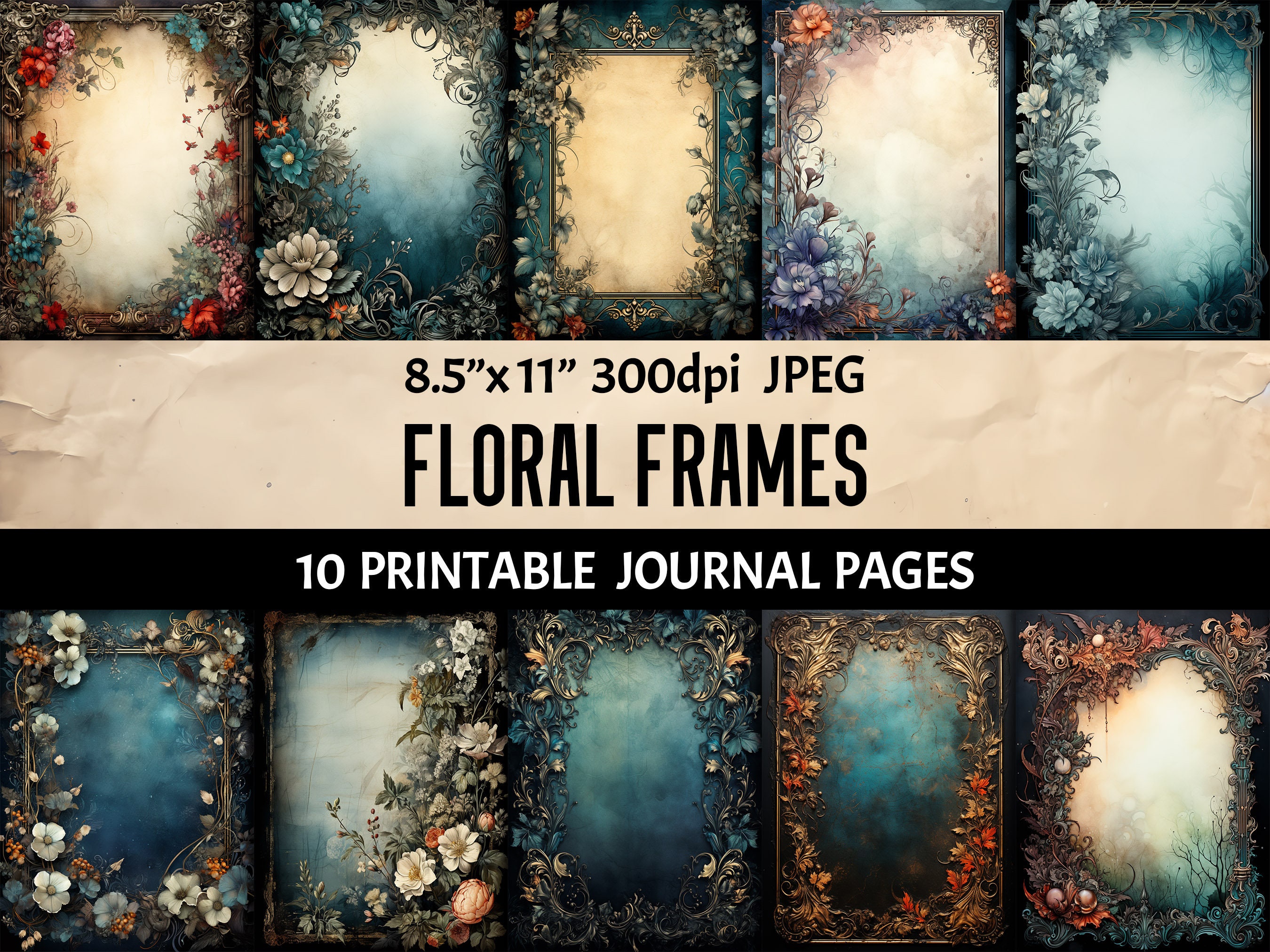 Printable Floral Frame Page for Junk Journal Digital Paper for ...
