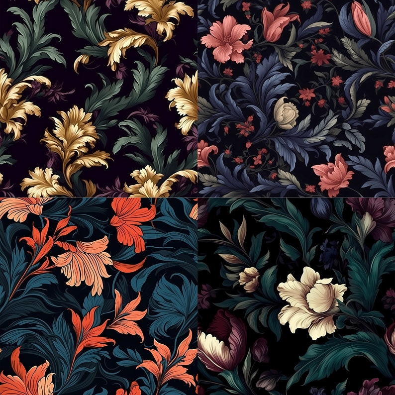 Seamless Gothic Floral Patterns Dark Flower Digital Paper Set Printable ...