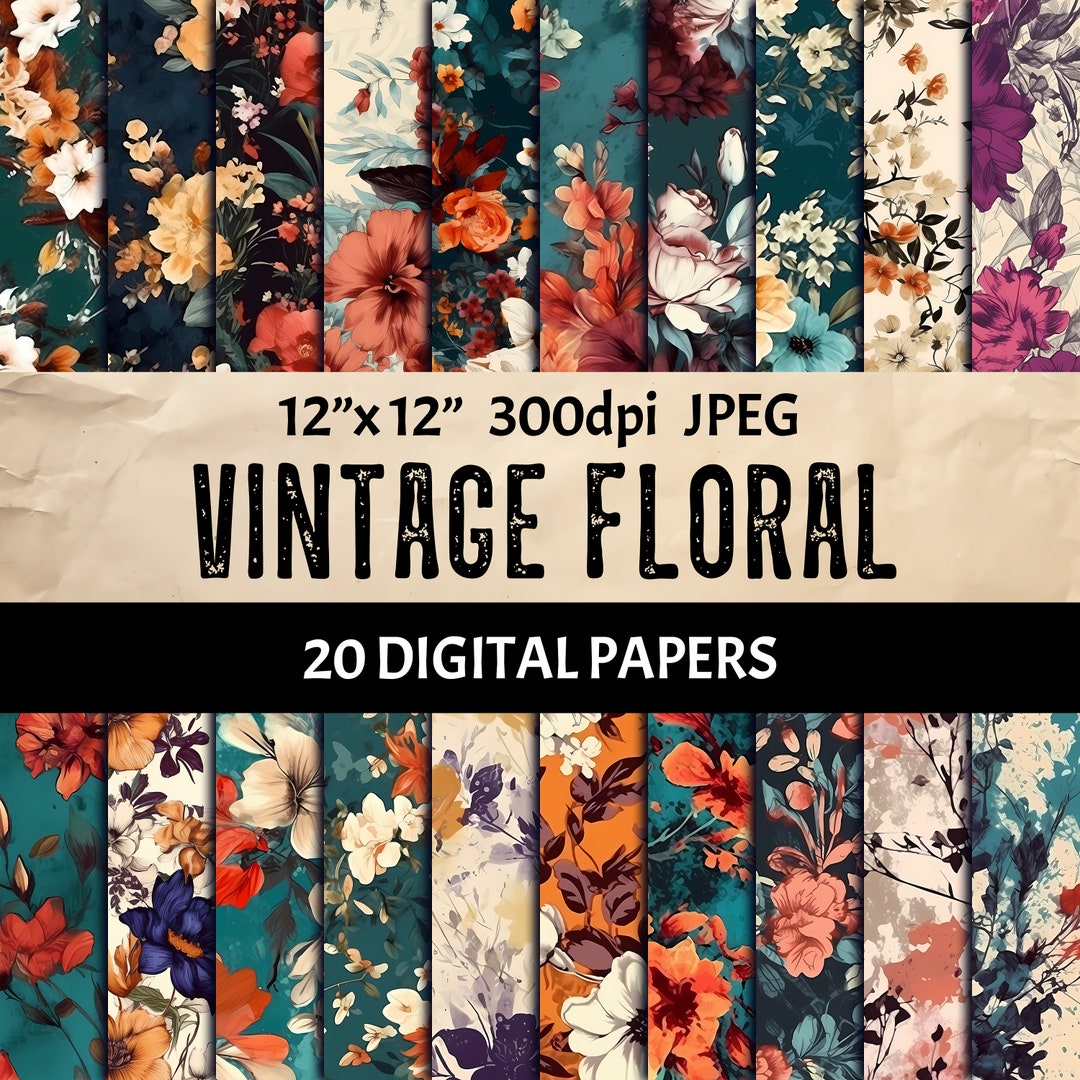 Vintage Floral Digital Paper Set - Printable Seamless Flowers Pattern ...