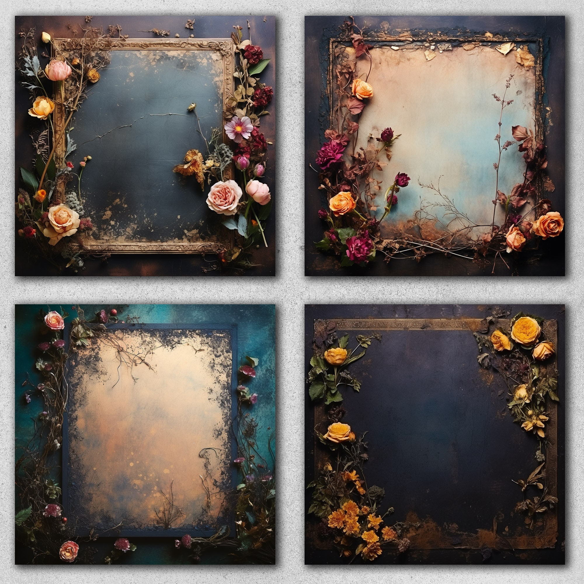 Printable Grunge Floral Frames Pack of 40 Dark Digital Papers - Etsy