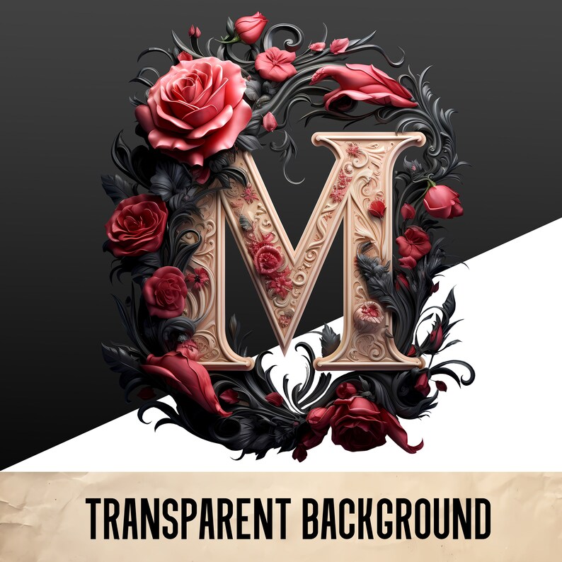 Goth Floral Monogram Initial Letter M Sublimation Scrapbooking Collage ...