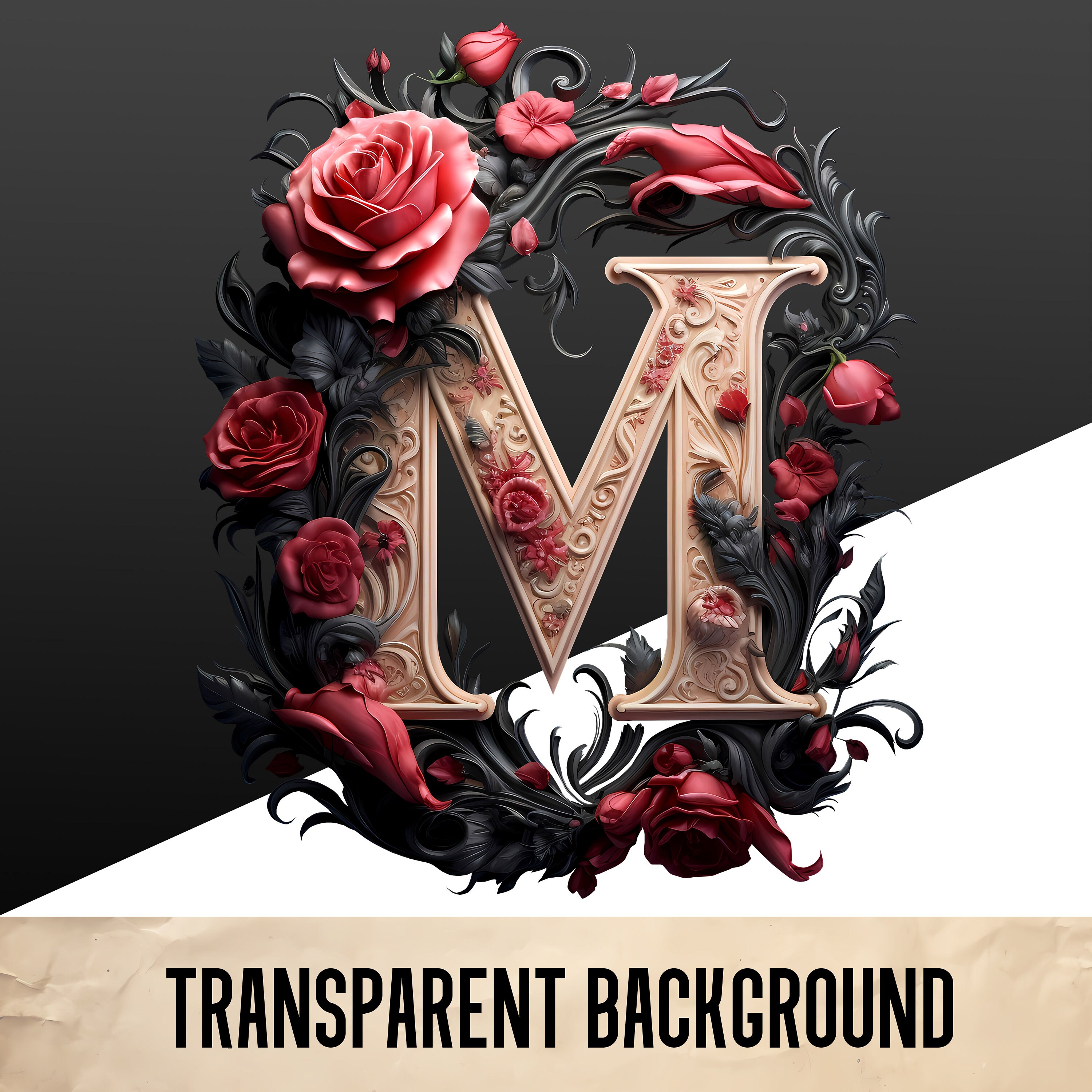 Goth Floral Monogram Initial Letter M Sublimation Scrapbooking Collage ...