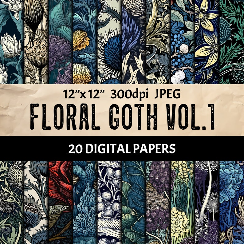 Floral Goth Pattern Seamless Gothic Flowers Digital Paper Set ...
