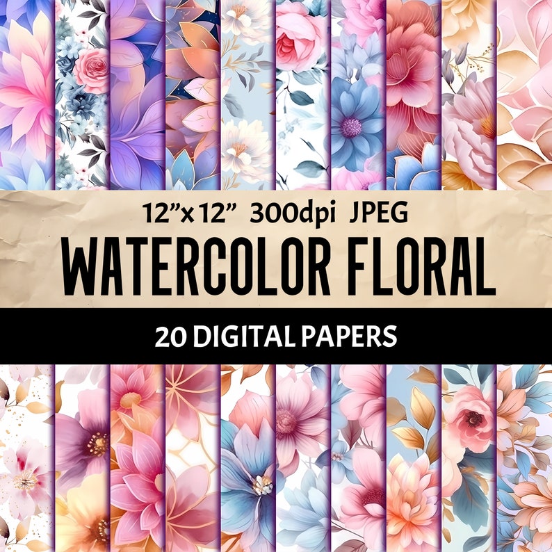 Watercolor Floral Digital Paper Set Seamless Flowers Pattern ...
