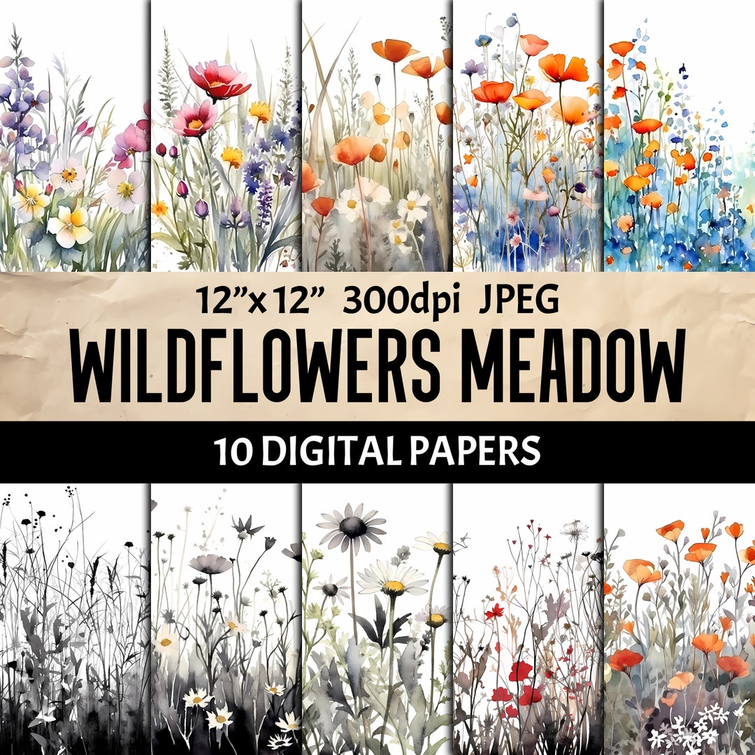 Wildflowers Meadow Digital Paper Pack: Watercolor Floral Art (digital ...