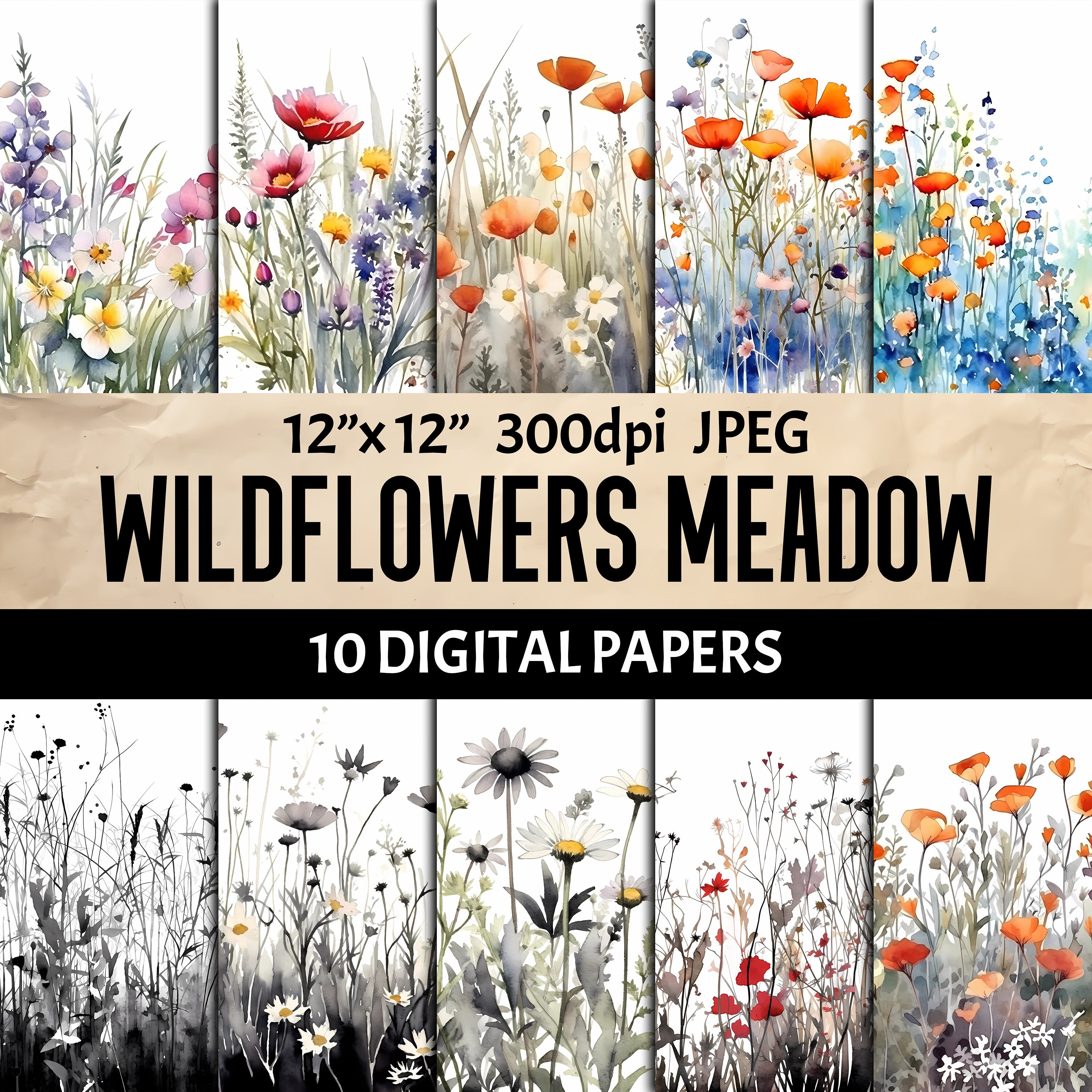 Wildflowers Meadow Digital Paper Pack Printable Watercolor Flowers Art ...