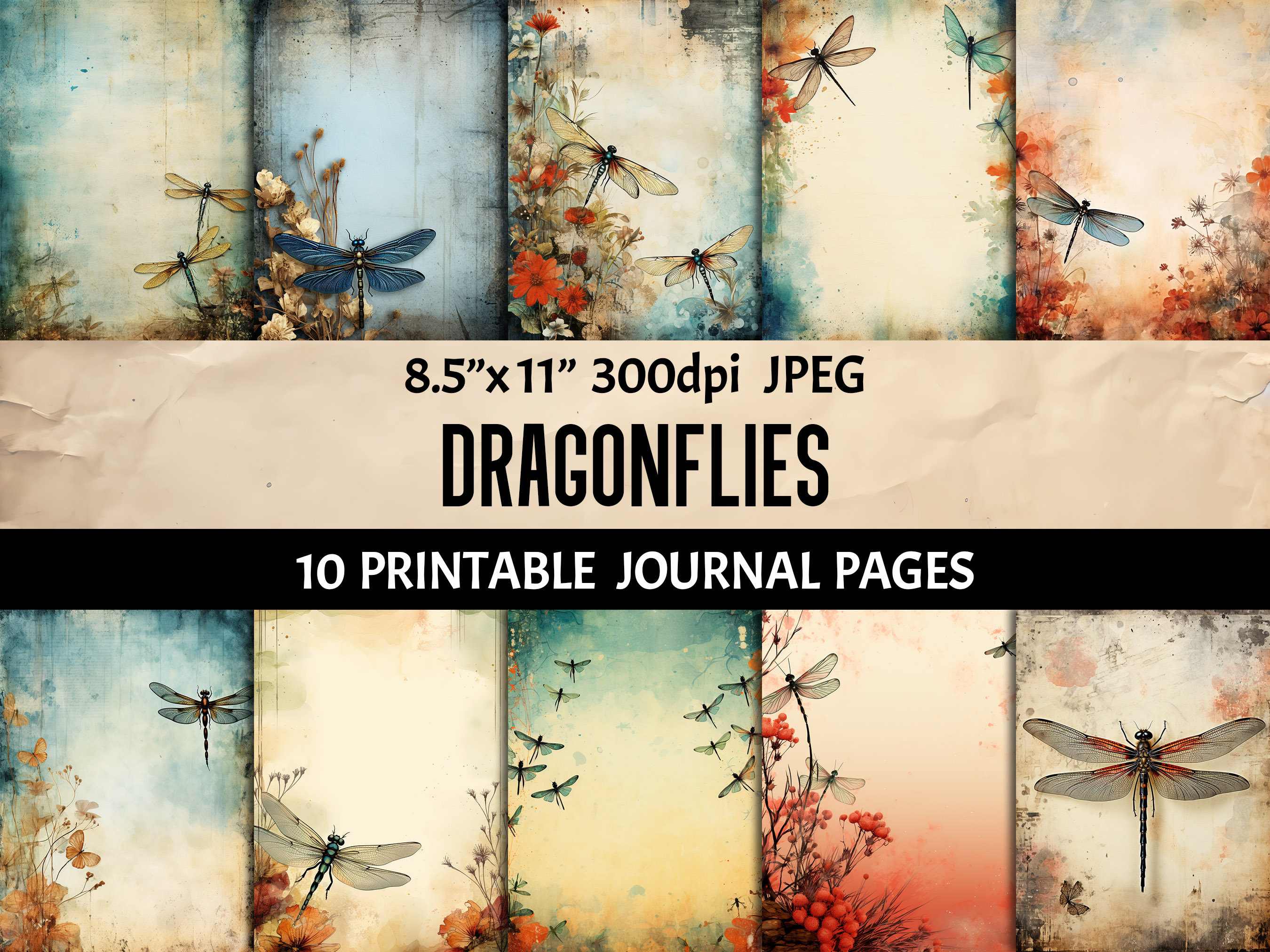 Printable Dragonflies Journal Page Dragonfly Grunge Digital Paper for ...