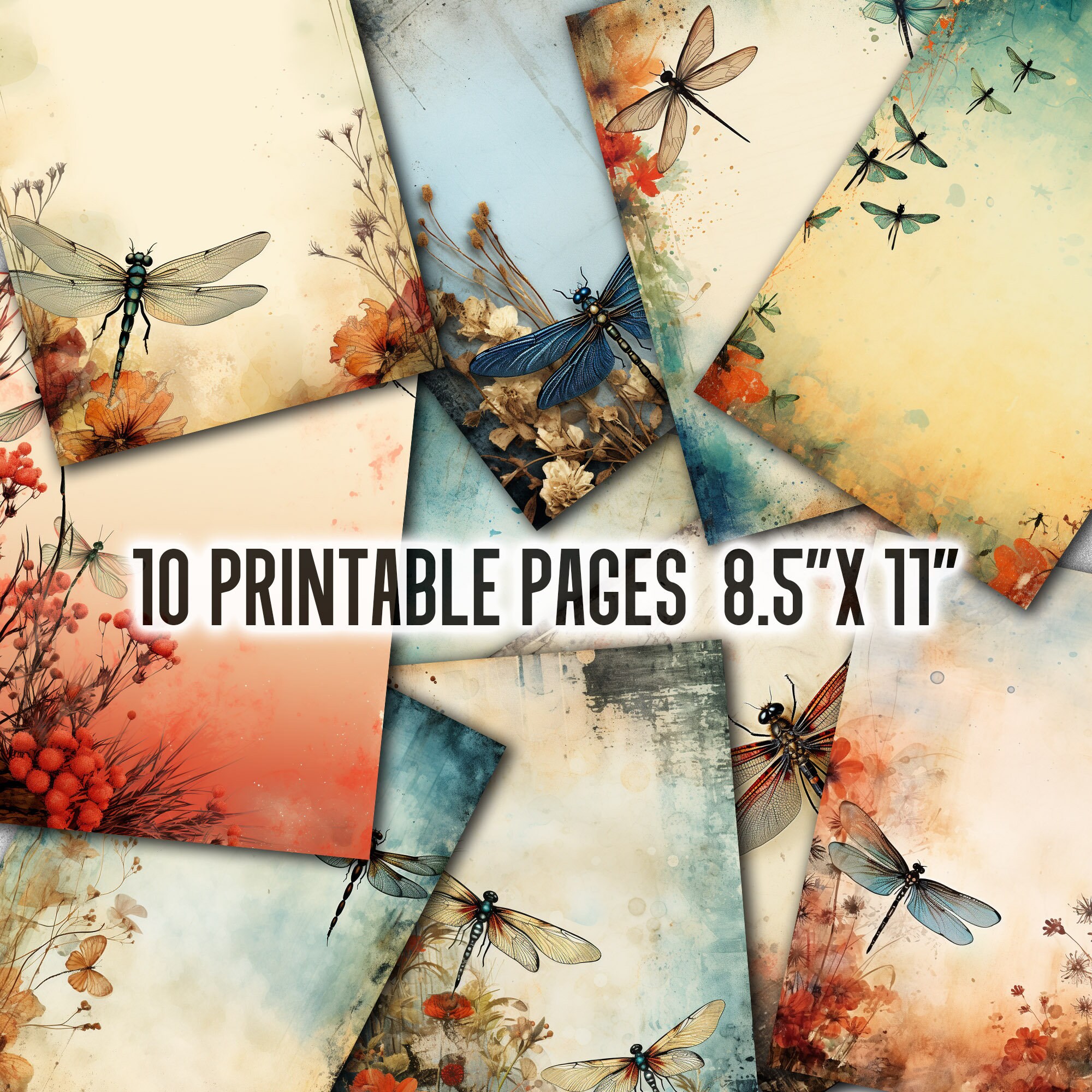 Printable Dragonflies Journal Page Dragonfly Grunge Digital Paper for ...