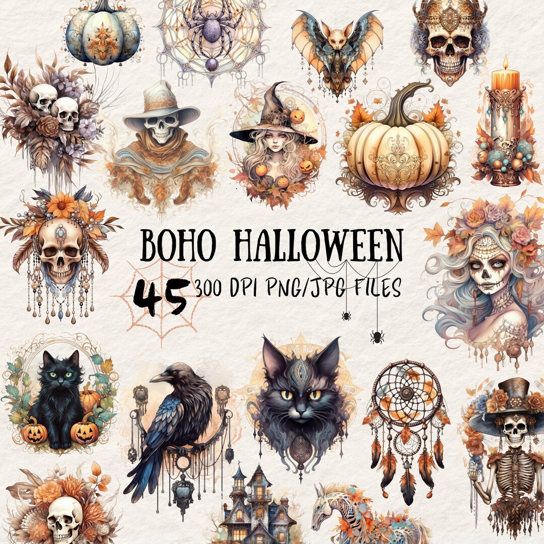 45 Boho Halloween Clipart Watercolor Halloween Painting - Etsy