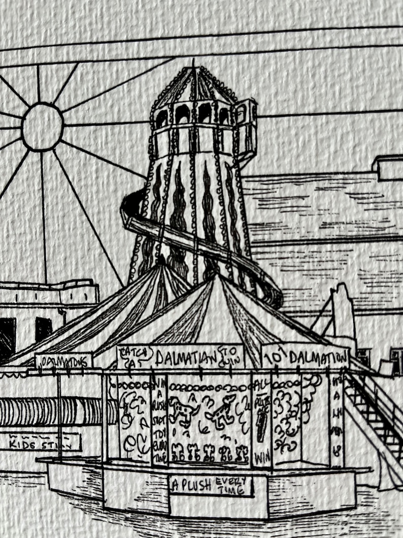 A4 Spanish City Fun Fair, Whitley Bay Fine Line Illustration Print in ...