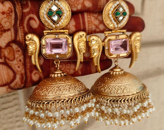 18kt Gold Jhumkas, Big Traditional Jhumka, Kundan Jhumkas, Indian ...