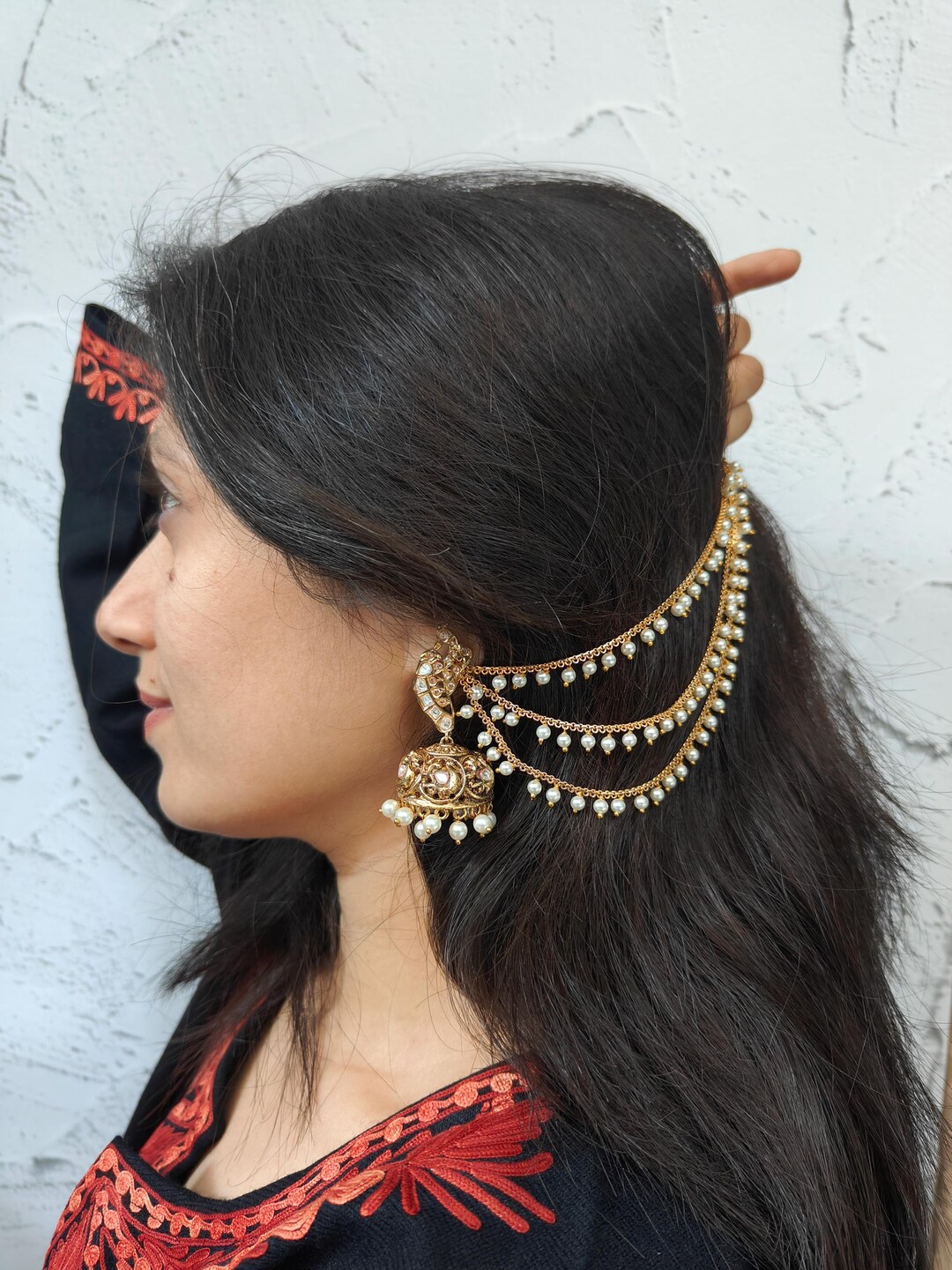 Gold Kundan Pearl Ear Chain: Indian Bahubali Kaan Sahara - Etsy