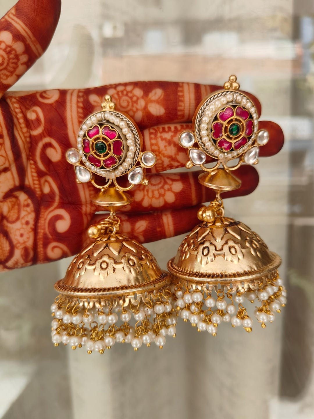 18kt Gold Jhumkas, Big Traditional Jhumka, Kundan Jhumkas, Indian ...