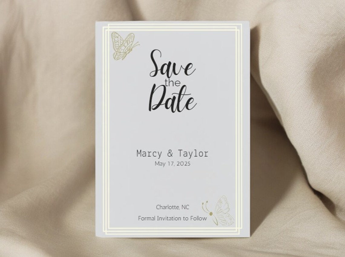 Neutral Butterfly Save the Date Canva Template, 5x7, Wedding Save the ...