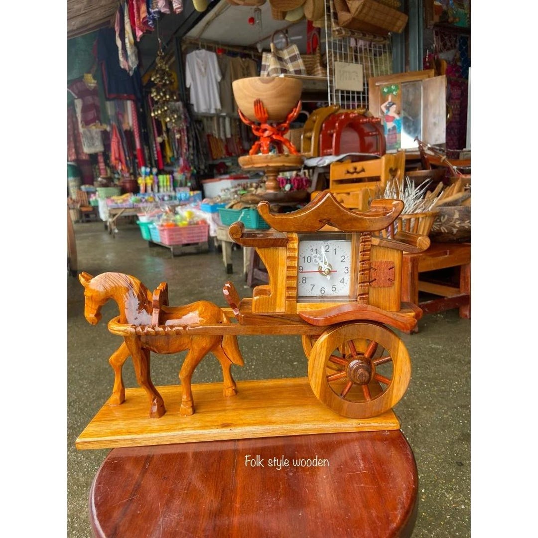 Teak Wood Horse Cart Clock , Vintage Wooden Clock Elegant Analog Desk ...