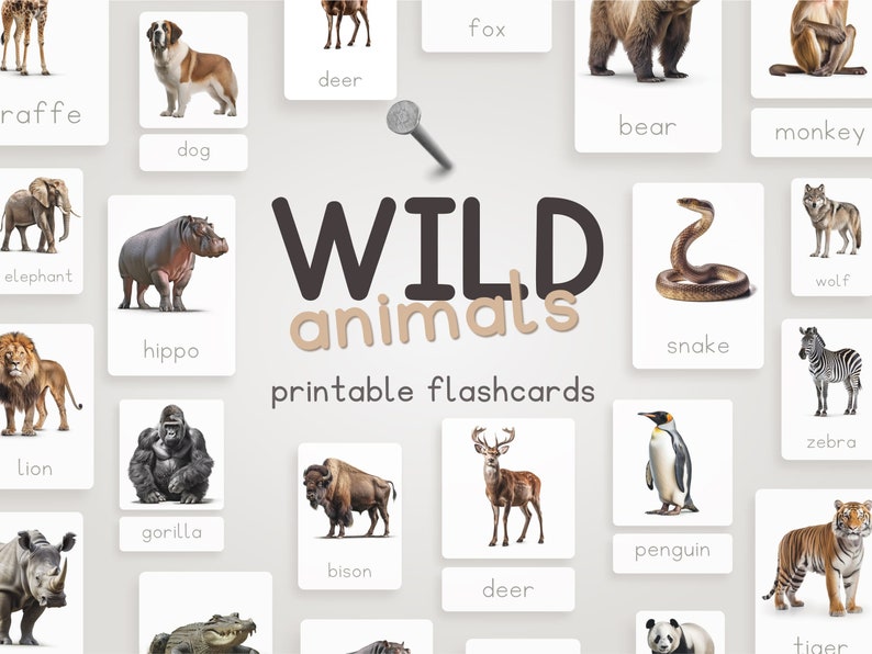 Wild Animals Printable Flashcards Educational Montessori - Etsy