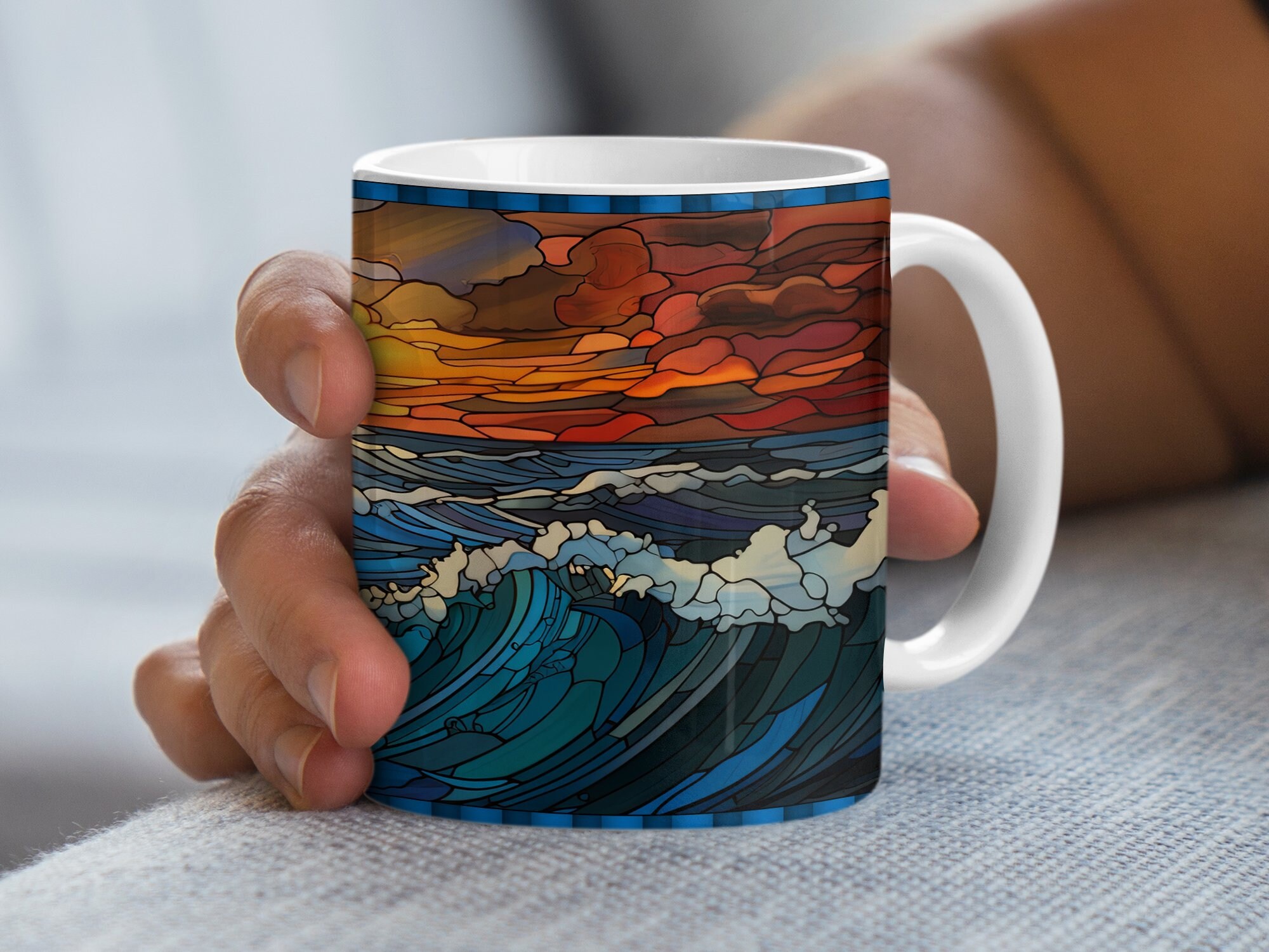Stained Glass Style Ocean Sunrise Coffee Mug, Vibrant Seascape Tea Cup ...