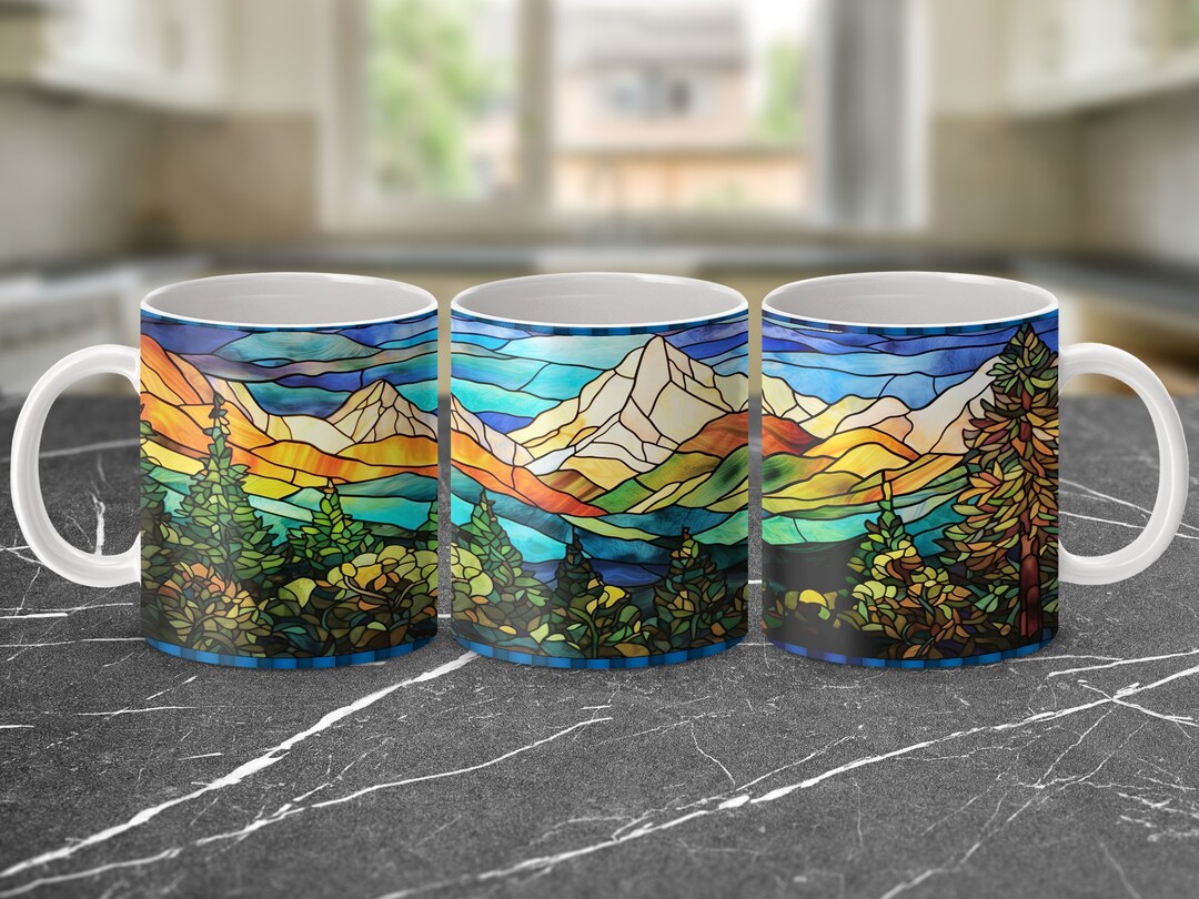 Stained Glass Mountain Landscape Mug, Artistic Nature Inspired ...