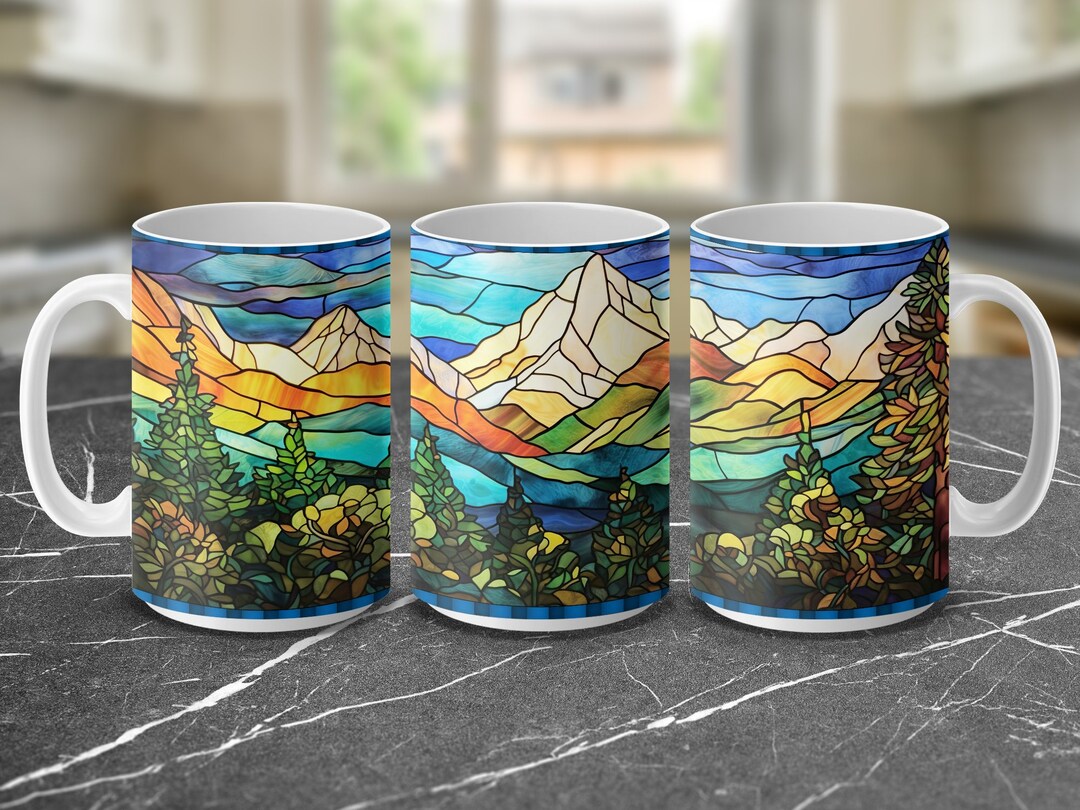 Stained Glass Mountain Landscape Mug, Artistic Nature Inspired ...