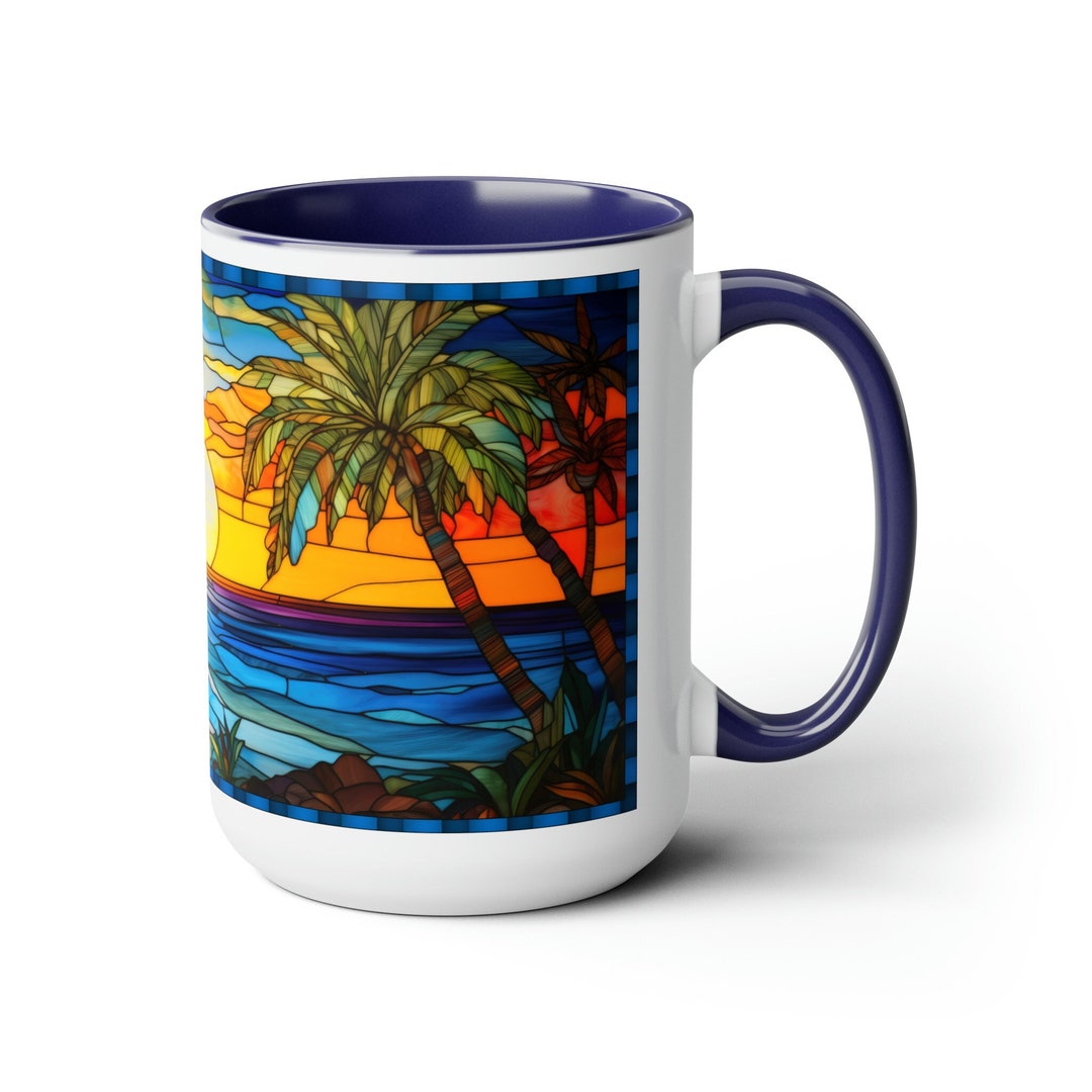 Sunrise Beach Stained Glass Style Mug, Tropical Ocean Scenery Coffee ...