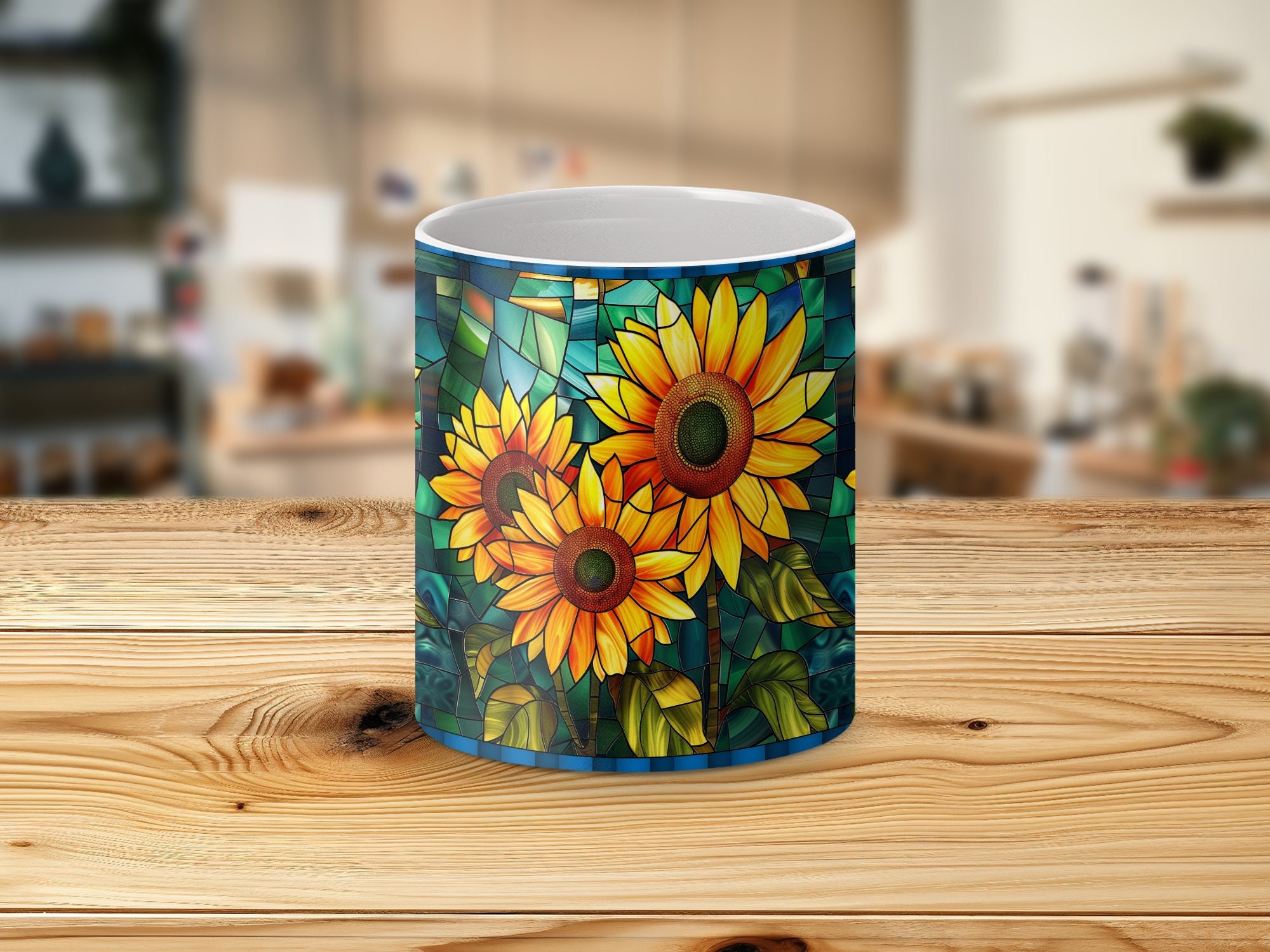 Sensational Sunflowers Stained Glass Design Mug, Vibrant Floral Coffee ...