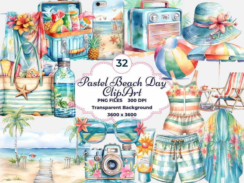 Pastel Beach Day Clipart Watercolor Beach Vacation PNG - Etsy