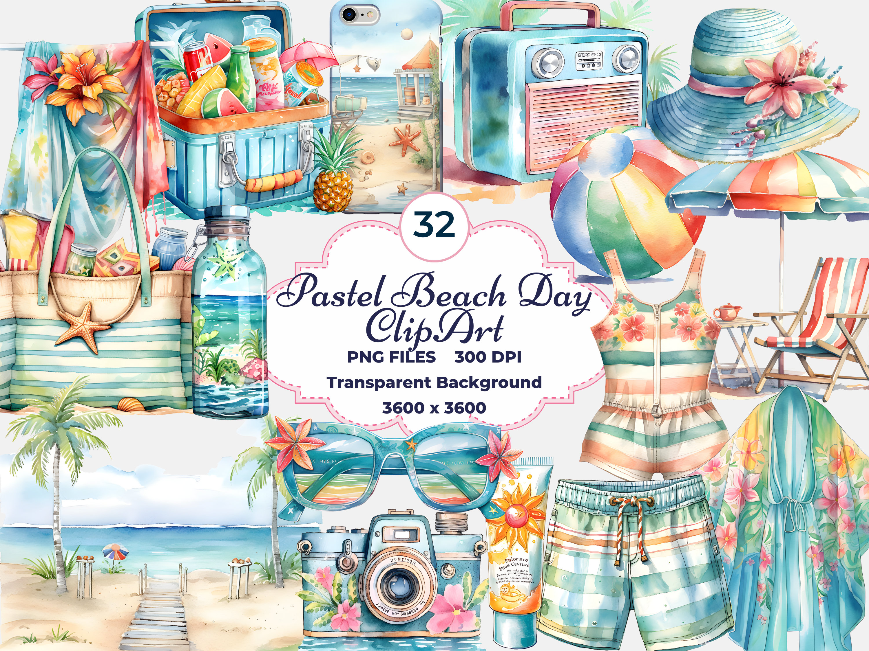 Pastel Beach Day Clipart Watercolor Beach Vacation PNG - Etsy