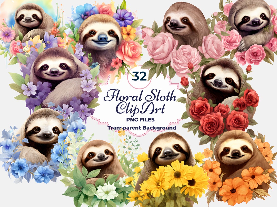 Floral Sloth Clipart, Flower Sloth PNG, Sublimation - Etsy