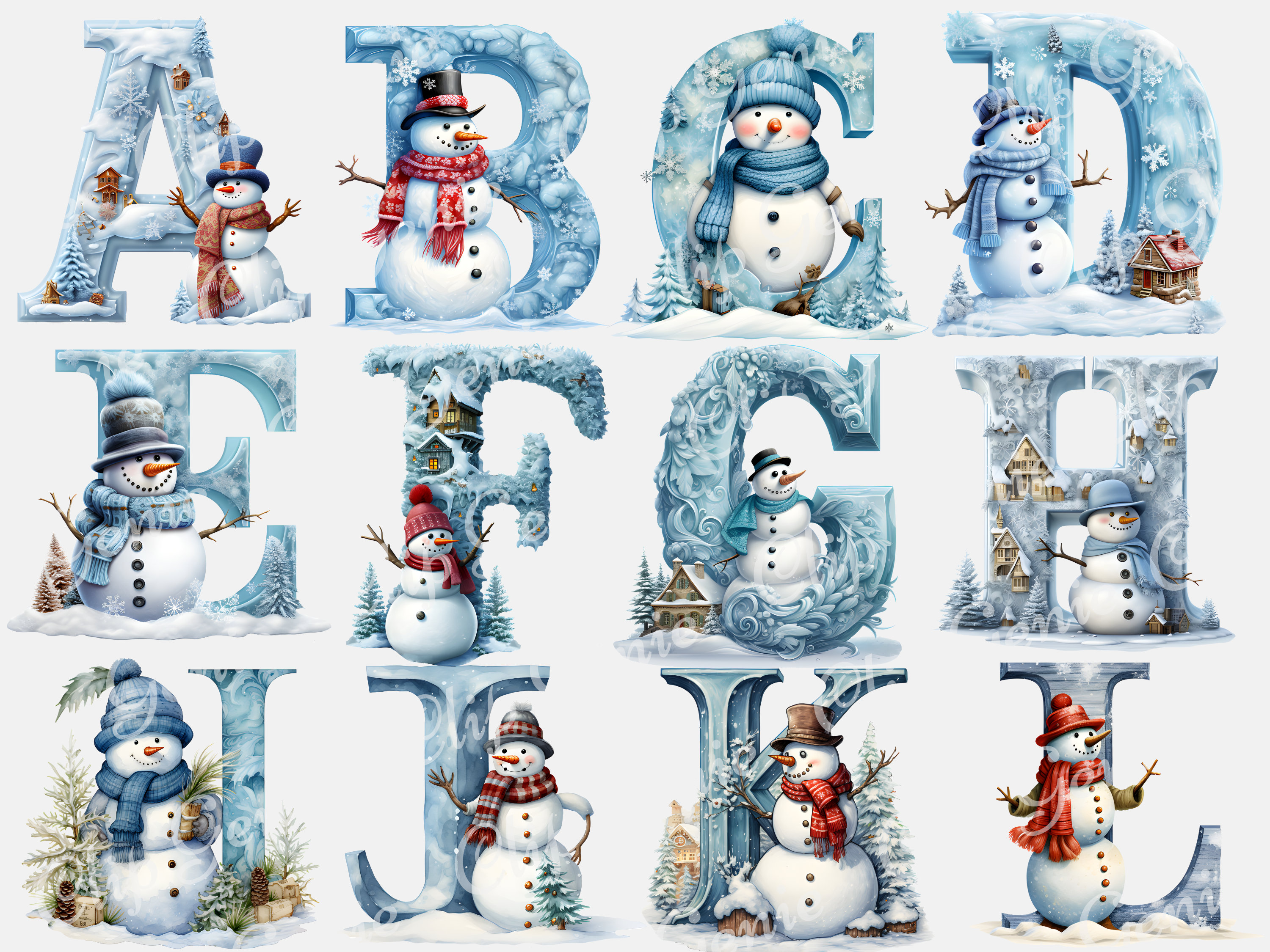 Snowman Alphabet Clipart, Snowman Letters and Numbers PNG, Holiday ...