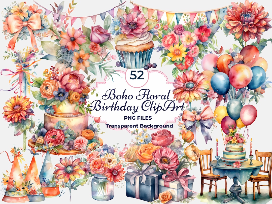 Boho Floral Birthday Clipart, Watercolor Birthday Clipart, Floral Party ...