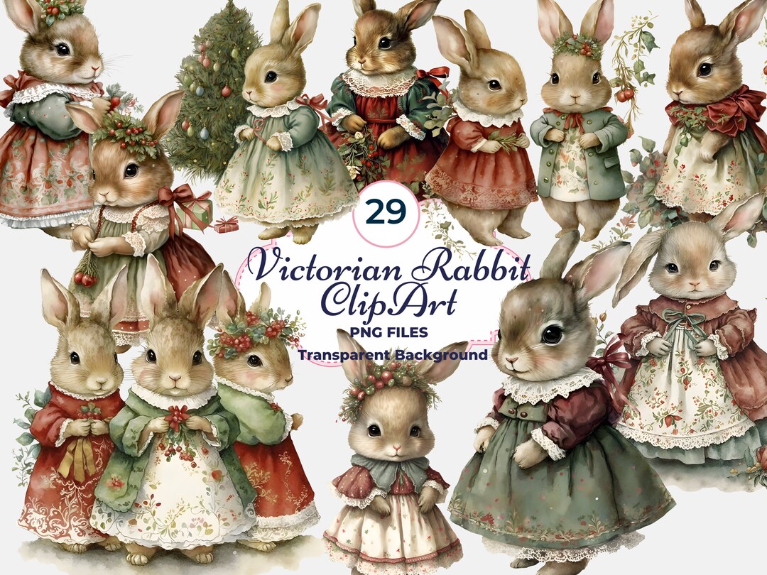 Victorian Rabbit Clipart, Christmas Bunny PNG, Cute Rabbit Sublimation ...
