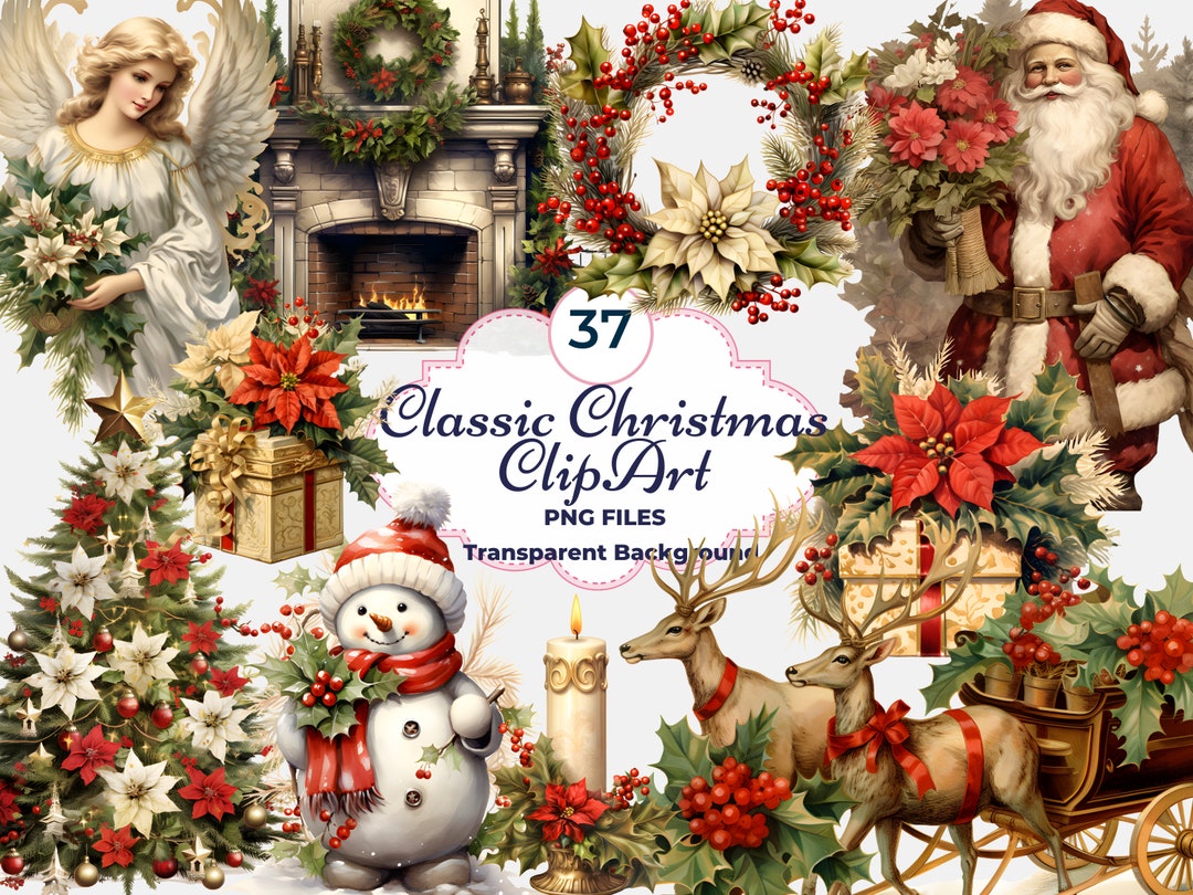 Classic Christmas Clipart, Vintage Christmas PNG, Poinsettias and Holly ...