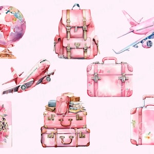 Watercolor Pink Travel Clipart, Summer Vacation PNG (digital Download ...