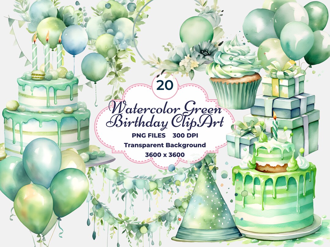 Green Birthday Clipart, Watercolor Birthday PNG, Green Balloons, Green ...