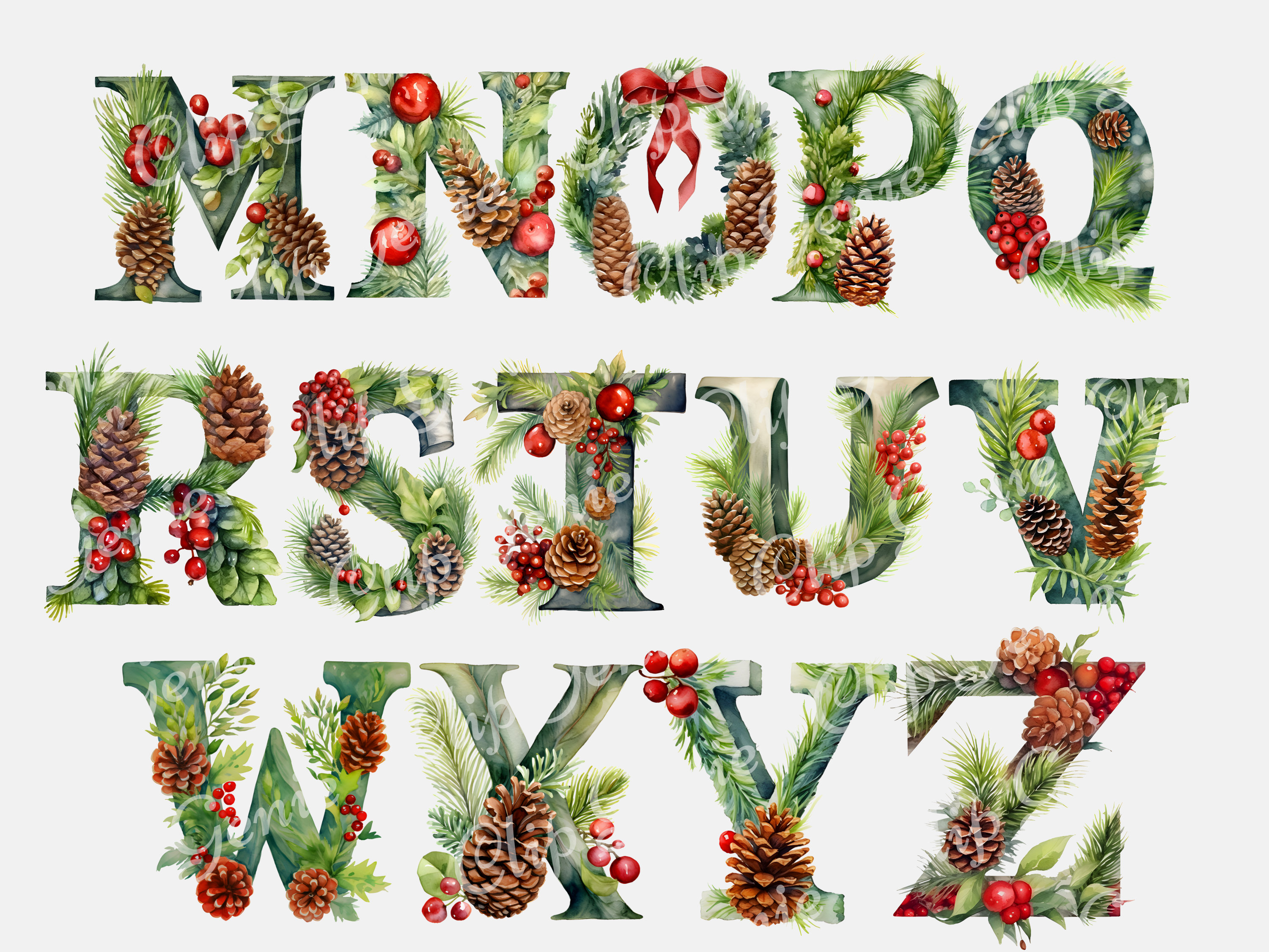 Christmas Greenery Clipart, Holly and Pine Alphabet PNG, Christmas ...