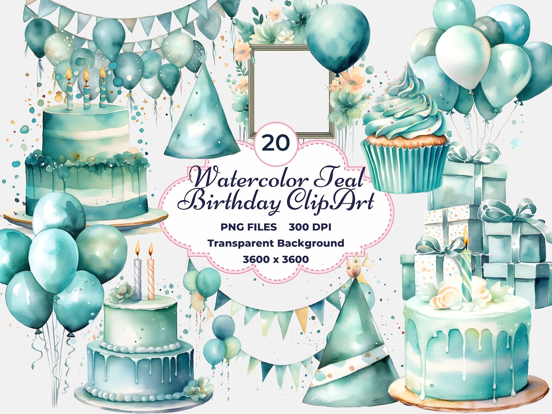 Teal Birthday Clipart Watercolor Birthday PNG Teal Balloons - Etsy